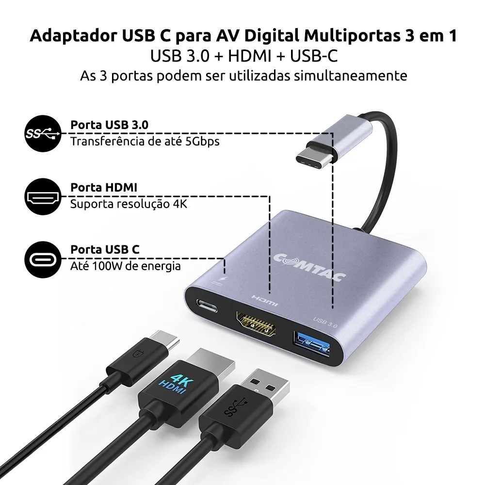 Adaptador USB-C para AV Digital Multiportas, USB 3.0, HDMI, USB-C, 9405 ...